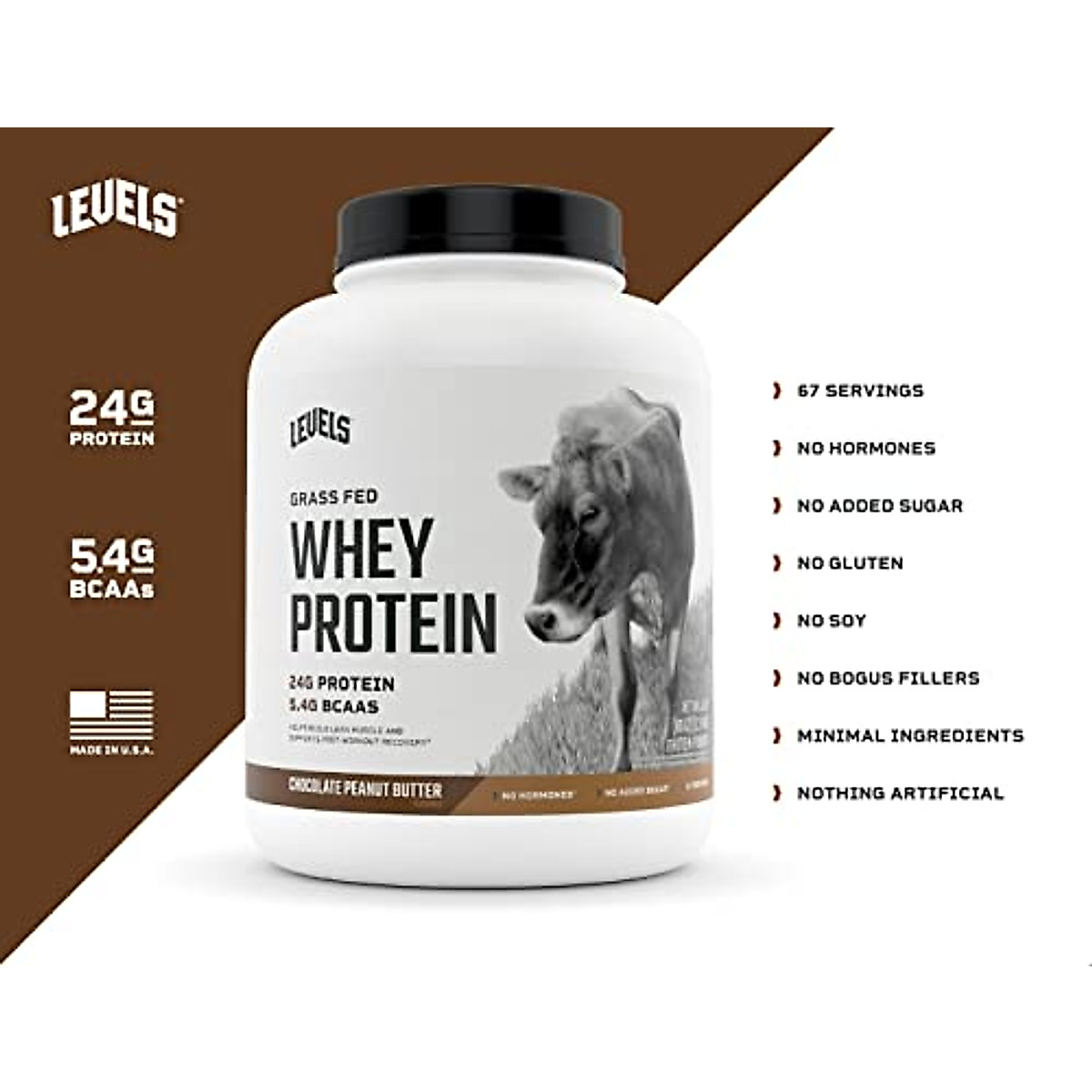Levels Grass Fed 100% Whey Protein, No GMOs, Chocolate Peanut Butter, 5LB