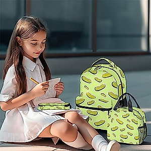 Mercuryelf Pickles Girls Boys Backpack with Lunch Box Set, 3 in 1 School Travel Backpacks Matching Combo, Aesthetic Green Bookbag and Pencil Case Bundle