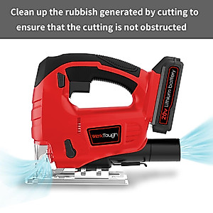 Powertough Cordless Jig Saw,20V Electric Jigsaw Tool Kit with Variable Speed,Pendulum Function, 0-45°Adjustable Cutting Bevel,2.0A Li-ion Battery With 1 Hour Fast Charger,9pcs Free Blade