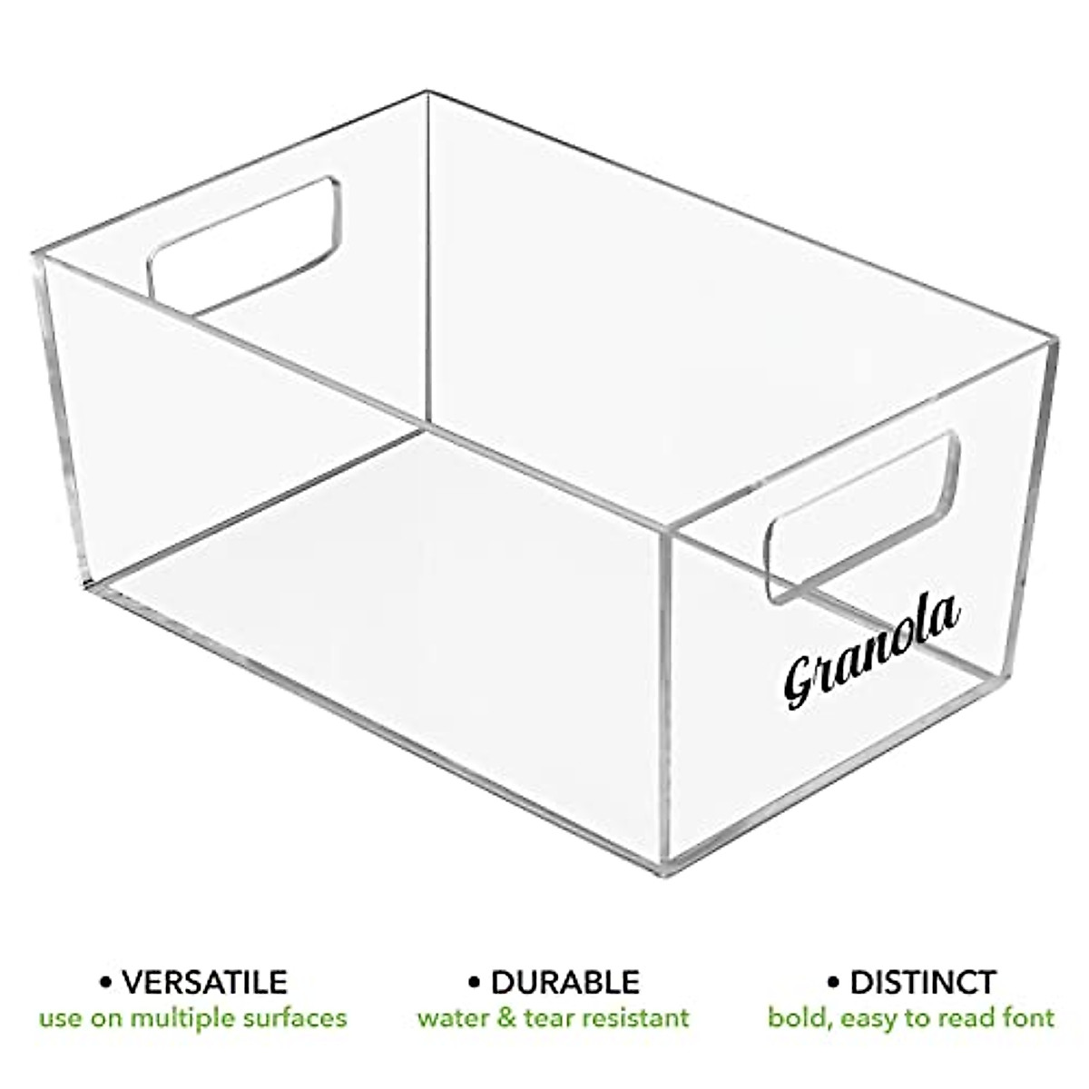 mDesign Small Plastic Kitchen Storage Container Bin, Handles for Organization in Pantry, Cabinet, Refrigerator, Freezer - Hold Food, Drink, Snacks, Prism Collection, Includes 2 Bins, 32 Labels, Clear