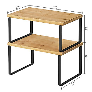 YONDERLIVICE Cabinet Shelf Organizers, Set of 2 Stackable Cabinet Organizers, Kitchen Counter Organizer, Expandable Spice Racks, Metal and Bamboo, Black and Natural