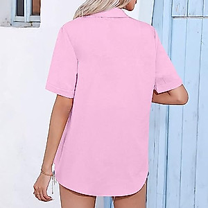 Cotton Blouse for Women 2023 Casual Women's Business Casual Clothing Loose Comfy Button Down Short Sleeve Summer Top Casual V Neck Work Collared Shirts Pink XL