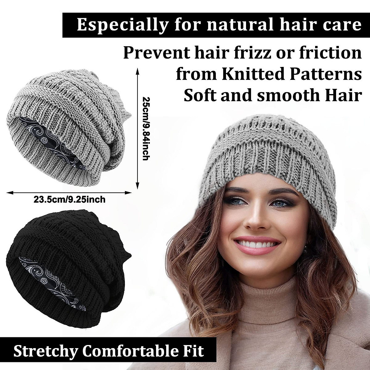 4 Pieces Winter Satin Lined Beanie Hat Knit Plain Satin Hat Touchscreen Gloves Set for Women Men (Black, Light Gray, Classic Style)