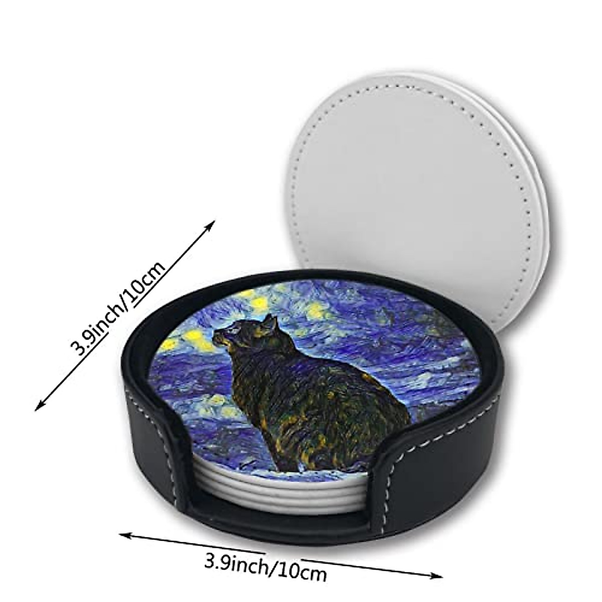 Cat Art Coasters for Drinks with Holder Leather Coasters Set of 6 for Coffee Table