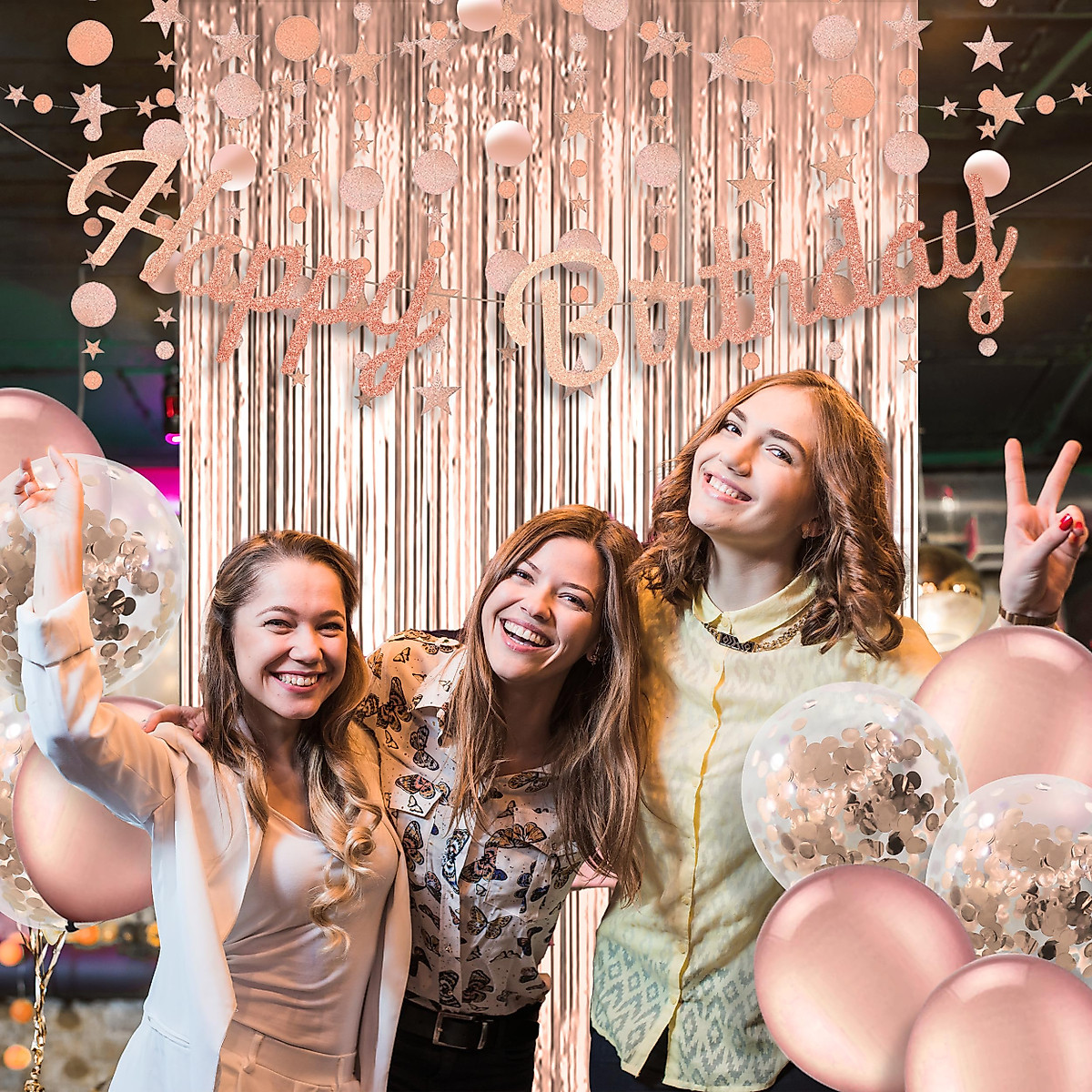 Rose Gold Birthday Party Decoration - Happy Birthday Banner, Glitter Circle Dot Garland Streamer, Rose Gold Fringe Curtain, Foil Tablecloth, Rose Gold Balloons, for Women Girl Birthday Party