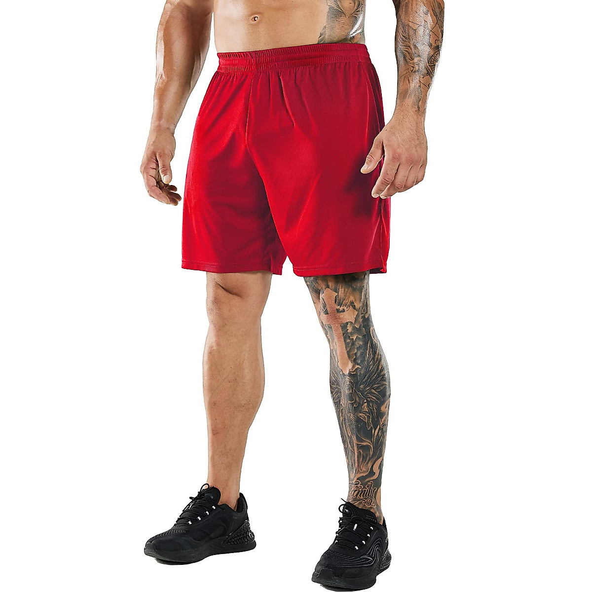 MIER Men's Quick-Dry Athletic/Soccer/Basketball Shorts Without Pockets No Liner Running Workout Training Active Shorts, Black/Red, L