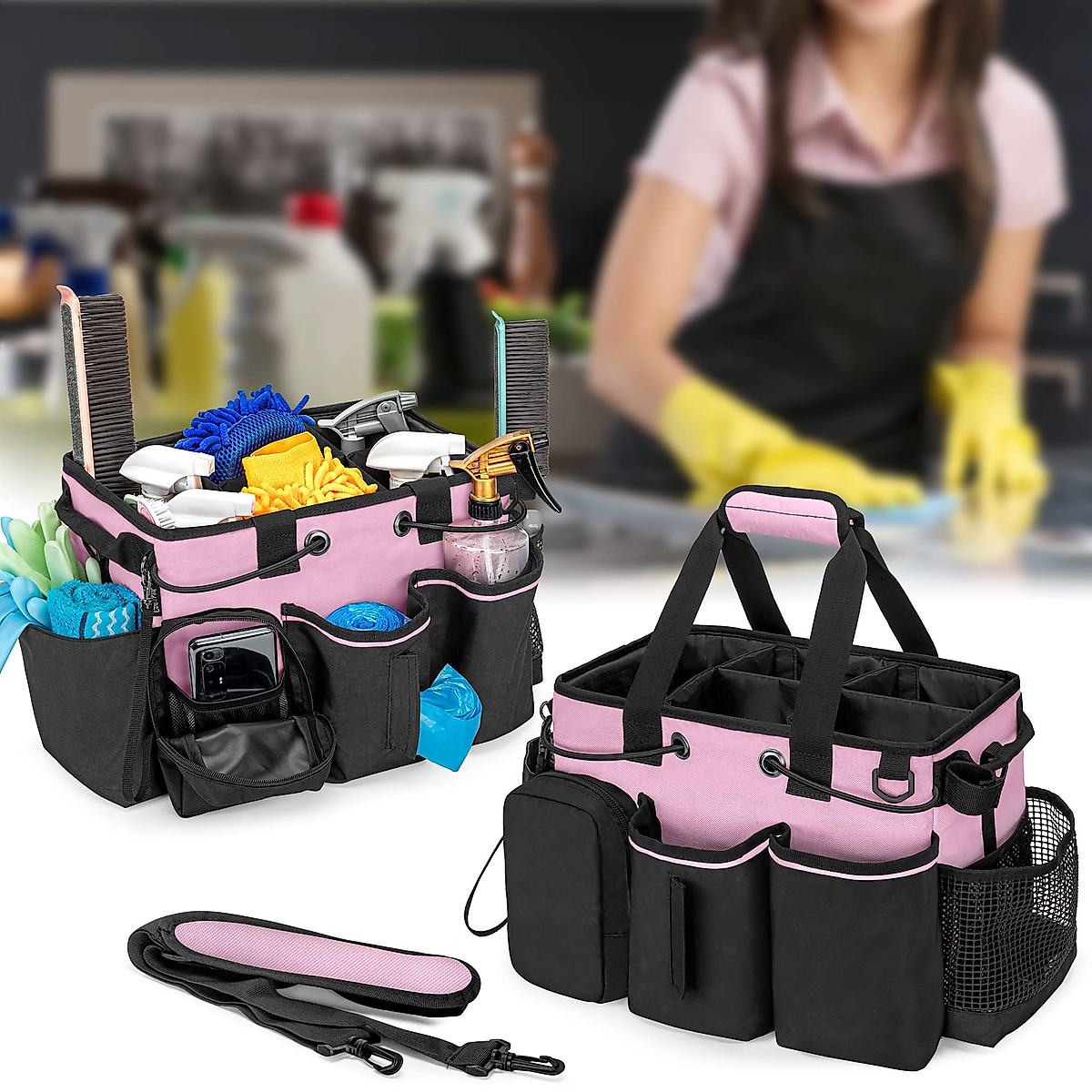 LoDrid Large Professional Cleaning Caddy with Detachable Divider, Supply Organizer with Handle and Shoulder Strap, Cleaning Bags for Housekeepers & Cleaners, Pink