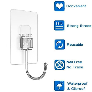 Ninth Five 18Pack Large Adhesive Hooks, 33lb Heavy Duty Ceiling Wall Door Hanging Hooks, Stainless Steel Towel and Coats Hooks for Window Home Kitchen Office