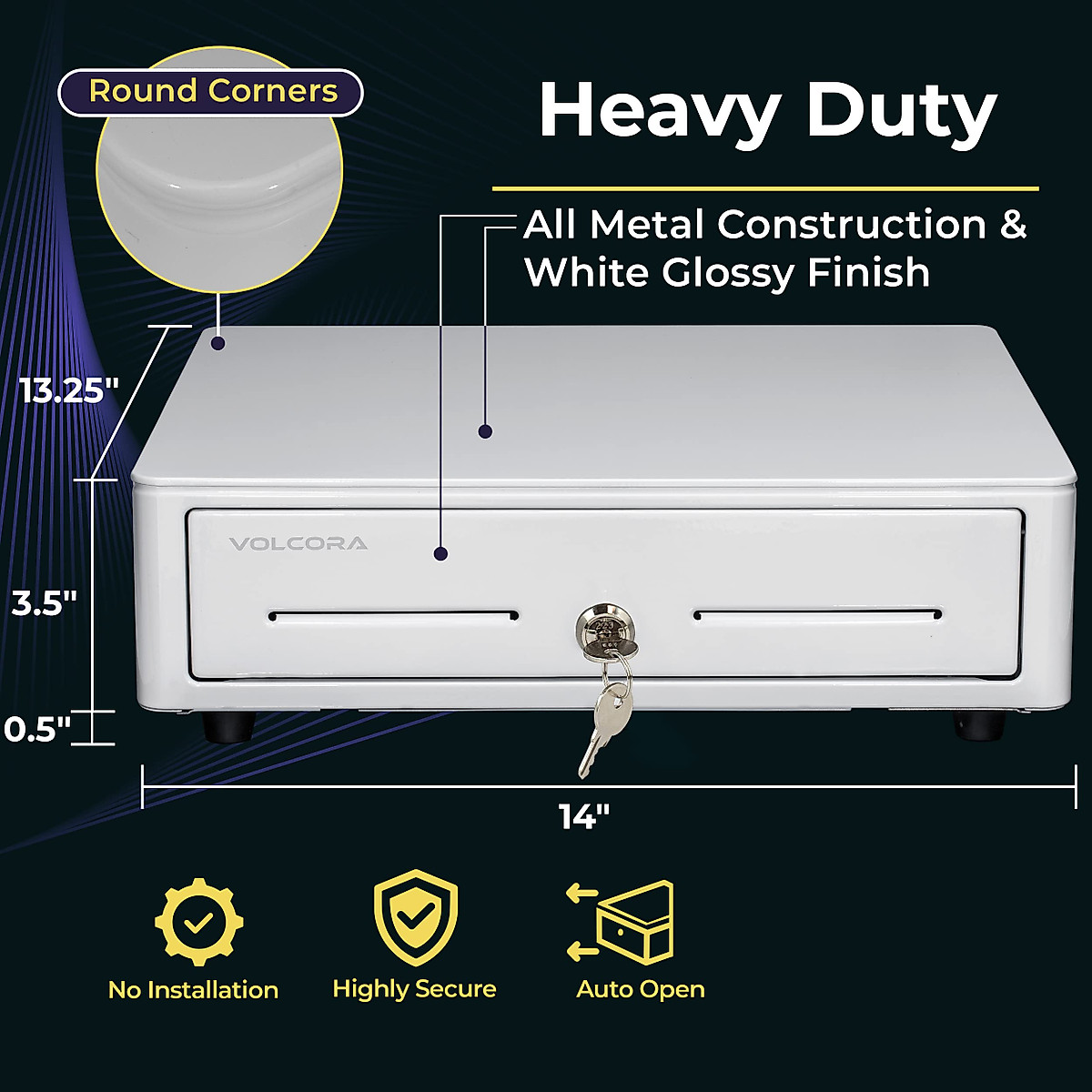 Volcora Cash Register Drawer for (POS) Point of Sale System with Round Corner 13", Removable Coin Tray, 4 Bill/5 Coin, 24V, RJ11/RJ12 Key-Lock, Media Slot,Cash Till for Businesses, White