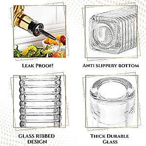 MosJos Oil and Vinegar Dispenser Set - 17 oz Ribbed Glass Olive Oil & Vinegar Cruet Set - Non-Drip, BPA-Free, Dishwasher Friendly Bottles with Stainless Steel Spouts (‎Clear Square)