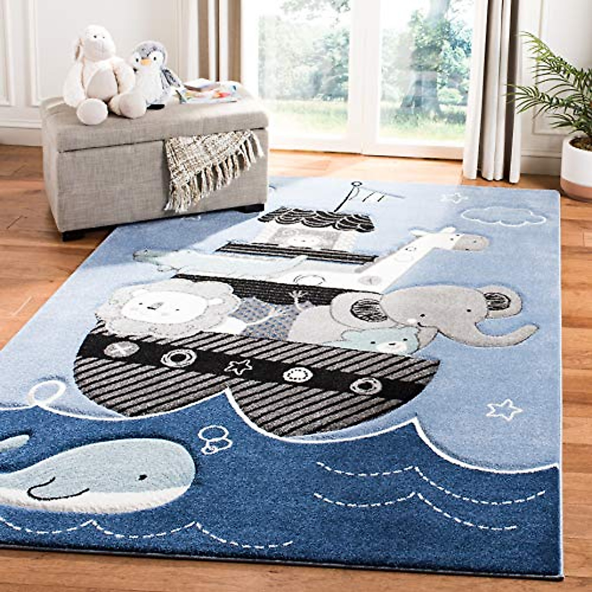 SAFAVIEH Carousel Kids Collection Area Rug - 5'3" x 7'6", Blue & Grey, Animal Design, Non-Shedding & Easy Care, Ideal for High Traffic Areas for Boys & Girls in Playroom, Nursery, Bedroom (CRK121B)