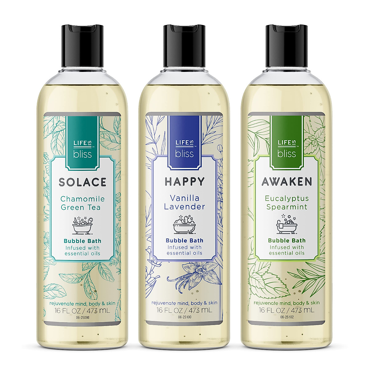 Life is Bliss | 3 Fresh & Soothing Scents | Variety Pack | Liquid Bubble Bath 16 fl oz