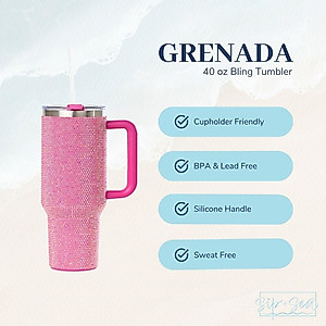 Sip+Sea Grenada 40oz Rhinestone-Encrusted Insulated Tumbler - Premium Bling Stainless Steel Water Bottle with Handle, Double Wall Vacuum Technology, Includes Leakproof Lid and Straw