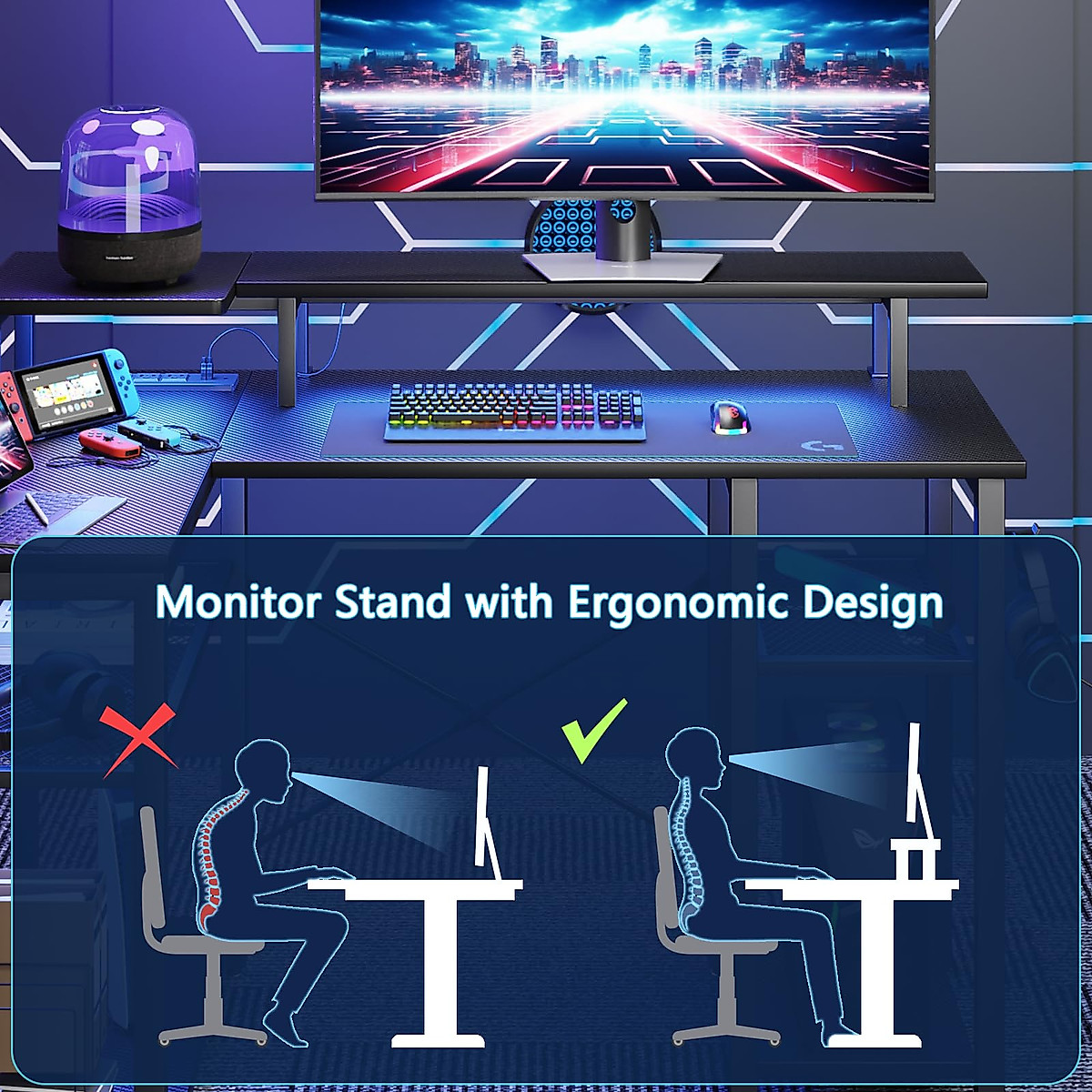TREETALK Gaming Desk with Power Outlets & Music Strip Lights, L-Shaped Desk with 2-Layer Storage on Both Sides, Large Monitor Stand for Office Home