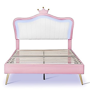 YSWH Full Size Upholstered Princess Bed, Platform Bed Frame with Adjustable Crown Shaped Headboard and LED Lights, Fun Cute Bed Princess Bed for Kids, Bedroom Furniture Upholstered Bed (White + Pink)