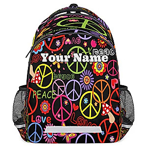 Custom Rainbow Peace Sign Backpack for Men Women with Name Personalized Peace Love Heart Flower School Bookbag Backpacks Customized Travel Casual Daypack Laptop Bag