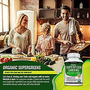 Organic Super Greens Capsules Superfood Fruit Veggie Supplement - 28 Powerful Natural Ingredients with Alfalfa, Beet Root, Tart Cherry & Ginger for Immune & Energy Support, for Men Women, 60 Tablets