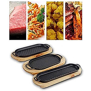Mavoorick Cast Iron Steak Platter,Skillet Serving Plate with Handle, Kitchen Asian Style Cast Iron Serving Dish with Wooden Serving Board,Grilled Steak Grilled Meat Iron Plate-S