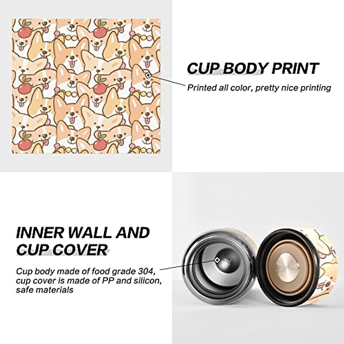 CaTaKu Cute Dog Corgi Water Bottle Insulated 16 oz Stainless Steel Flask Thermos Bottle for Coffee Water Drink Reusable Wide Mouth Vacuum Travel Mug Cup