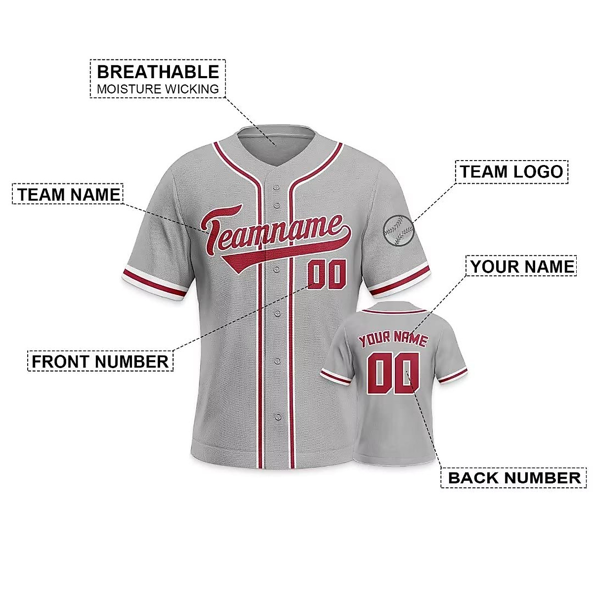 Grey Custom Baseball Jersey Personalized Gifts with Patch Team Name Number Stitch and 3D Print Tech Men Women Kid Toddler
