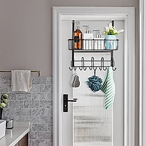 OUTNILI Over The Door Organizer Bathroom - Over Door Hanger Towel Rack with 15 Hooks & 1 Basket - Black Rustproof & Waterproof Stainless Steel Door Organizer for Bathroom Kitchen Bedroom Accessories