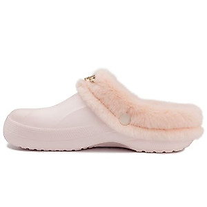 JUICY COUTURE Womens Fur Lined Clogs Indoor Outdoor Mules JC Warm and Fuzzy Shoes with Stylish Crown Emblem -Cora Blush-7