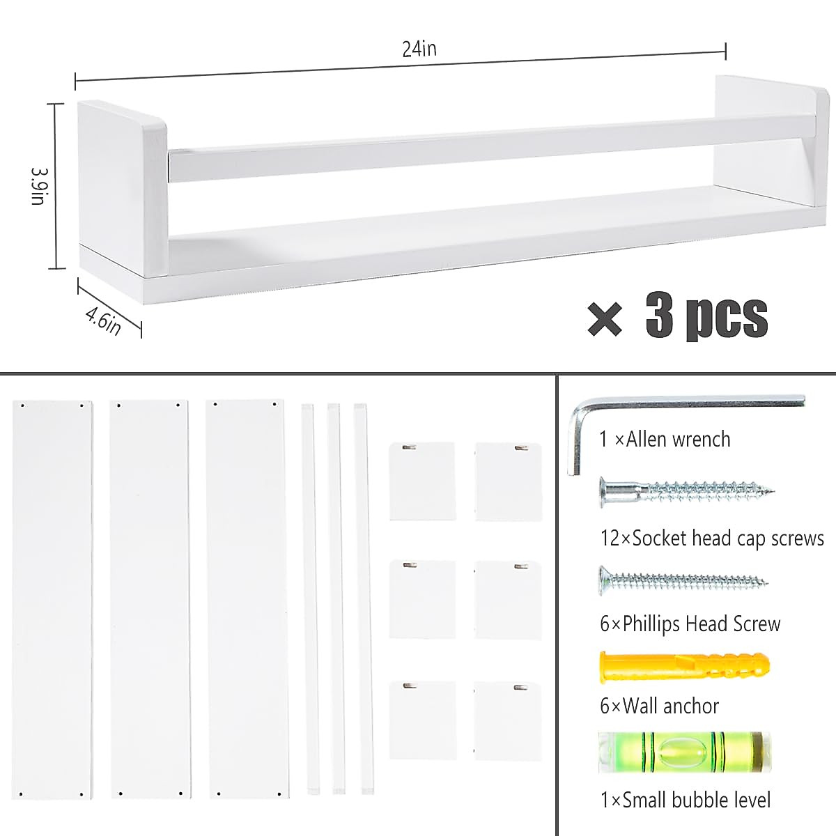 AZSKY Nursery Bookshelves White, 24 Inch Floating Bookshelves for Wall Set of 3, Baby Kids Decor, Solid Wood Wall Mounted Shelves for Books, Toys and Decor Storage