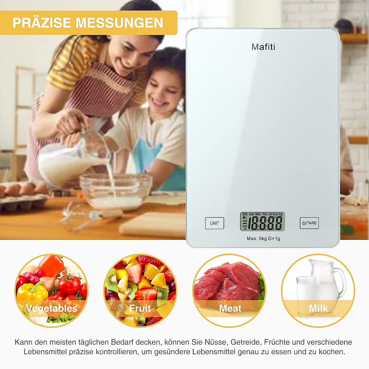 Kitchen Scale, Mafiti Digital Kitchen Scales 11lb/5kgX1g, Multifunction Measures in Kg, g, lb and OZ Digital Kitchen Weight for Food, Cooking and Baking，LCD Display（Silver）