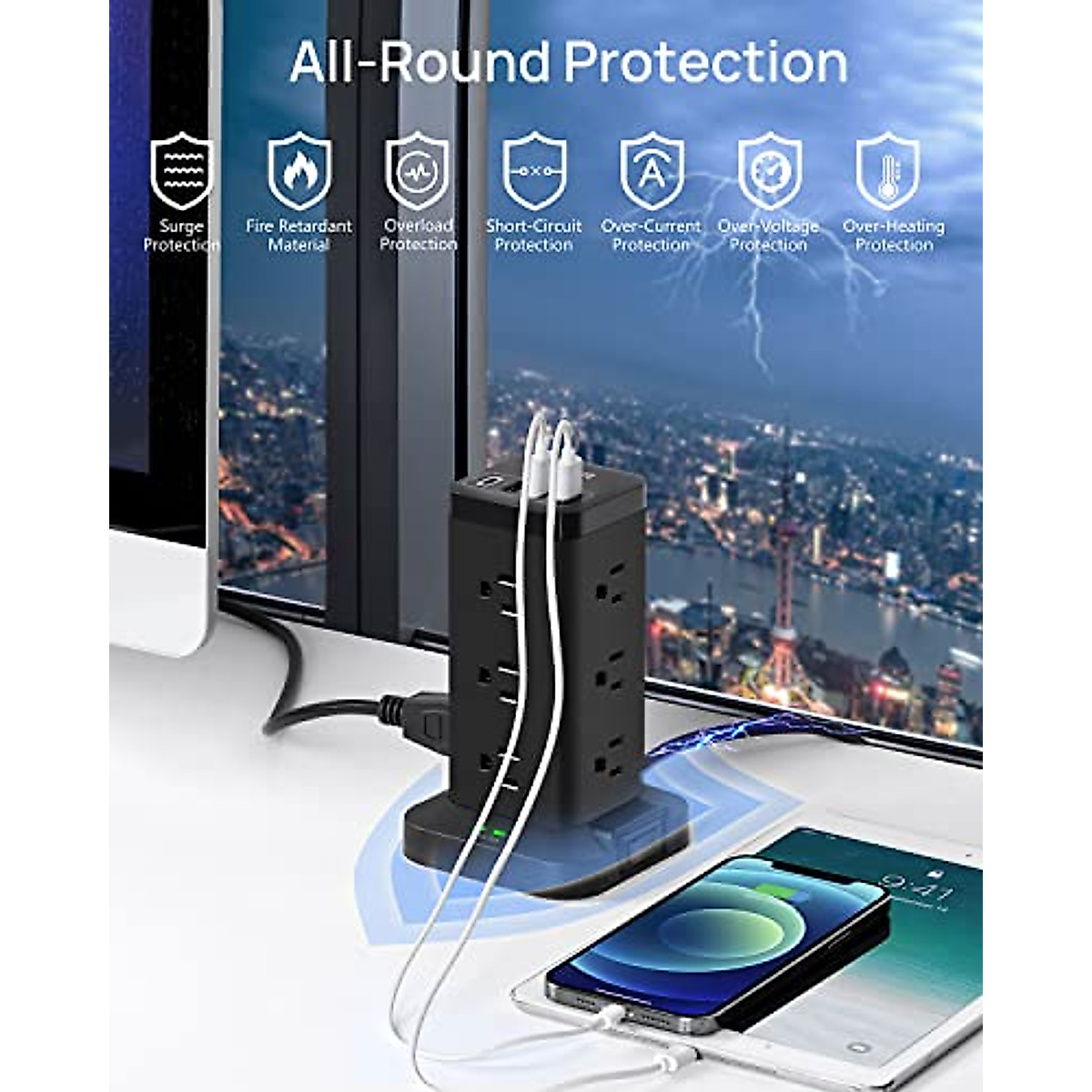 BEVA Power Strip Tower with USB Ports, 10 FT Surge Protector Power Tower, 12 AC and 4 USB Ports, 10 FT Extension Cord with Multiple Outlets, Household Essentials Office Supplies Office Organization