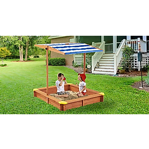 Kids Sandbox with Cover, 46.5" Wooden Sand Box w/Adjustable Canopy, Large Outdoor Cedar Sandpit for Backyard Play