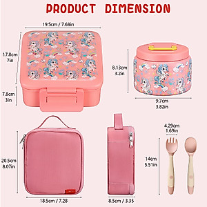 JXXM Bento Lunch Box for Kids With 8oz Soup Thermo,Leak-proof Lunch Containers with 5 Compartment,Thermos Food Jar and Lunch Bag, Food Containers for School (A-Pink(Fantasy Unicorn))