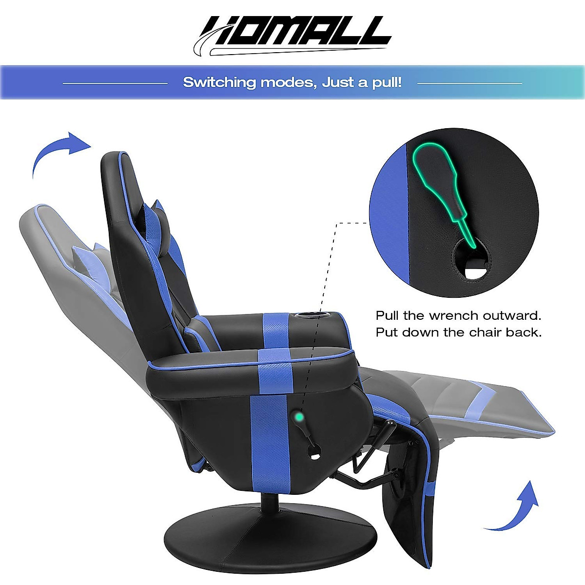 Homall Gaming Recliner Chair Racing Style PU Leather Gaming Chair Ergonomic Adjusted Reclining Office Desk Chair Home Theater Single Sofa Chair with Footrest Headrest and Lumbar Support (Blue)