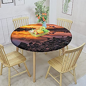 Landscape Round Fitted Tablecloth Cover,USA Missouri Kansas City Scenery of Sunset Lake Print Elastic Edged Polyester Fitted Table Cover, XLarge, Fit Round Tables 59"-63" Diameter, for Party Dining