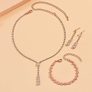 Unicra Bride Silver Bridal Necklace Earrings Set Crystal Wedding Jewelry Set Rhinestone Choker Necklace for Women and Girls (3 piece set - 2 earrings and 1 necklace)(NK070-2) (D 3 Pack Rose Gold Necklace Bracelet Earrings)