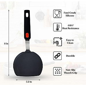Silicone Pancake Spatula | Wide Beveled Edge Flipper with Stainless Steel Curved Handle | Heat Resistant Non-Stick Cooking