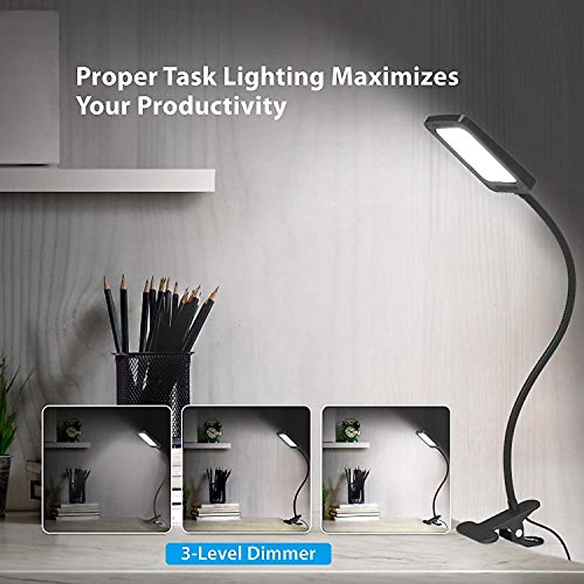 TROND LED Desk Lamp with Clamp, 3-Level Dimmable Desk Light 6000K Daylight, Table Lamp Extra-Long Flexible Gooseneck, Eye-Care Clamp Lamp for Painting, Workbench, Reading or Sewing, 9W, Black