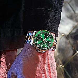 OLEVS Self Winding Watches for Men Green Big Dial Pro Diver Automatic Watch Stainless Steel Waterproof Men Wrist Watch with Silver Gold Tone Watch Men