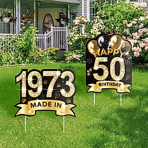 2Pcs 50th Birthday Yard Sign Decorations with Stakes, Large Size 16'' Black Gold Happy 50th Birthday Made in 1973 Waterproof Outdoor Lawn Signs Decor for Men Women Birthday Party Supplies
