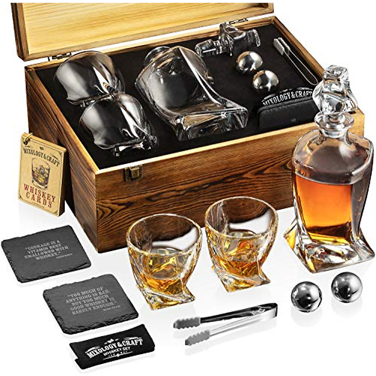 Mixology Glass & Whiskey Stones Set – two 10oz Glasses w/ 2 Stainless Steel Balls, Decanter & Wooden Box