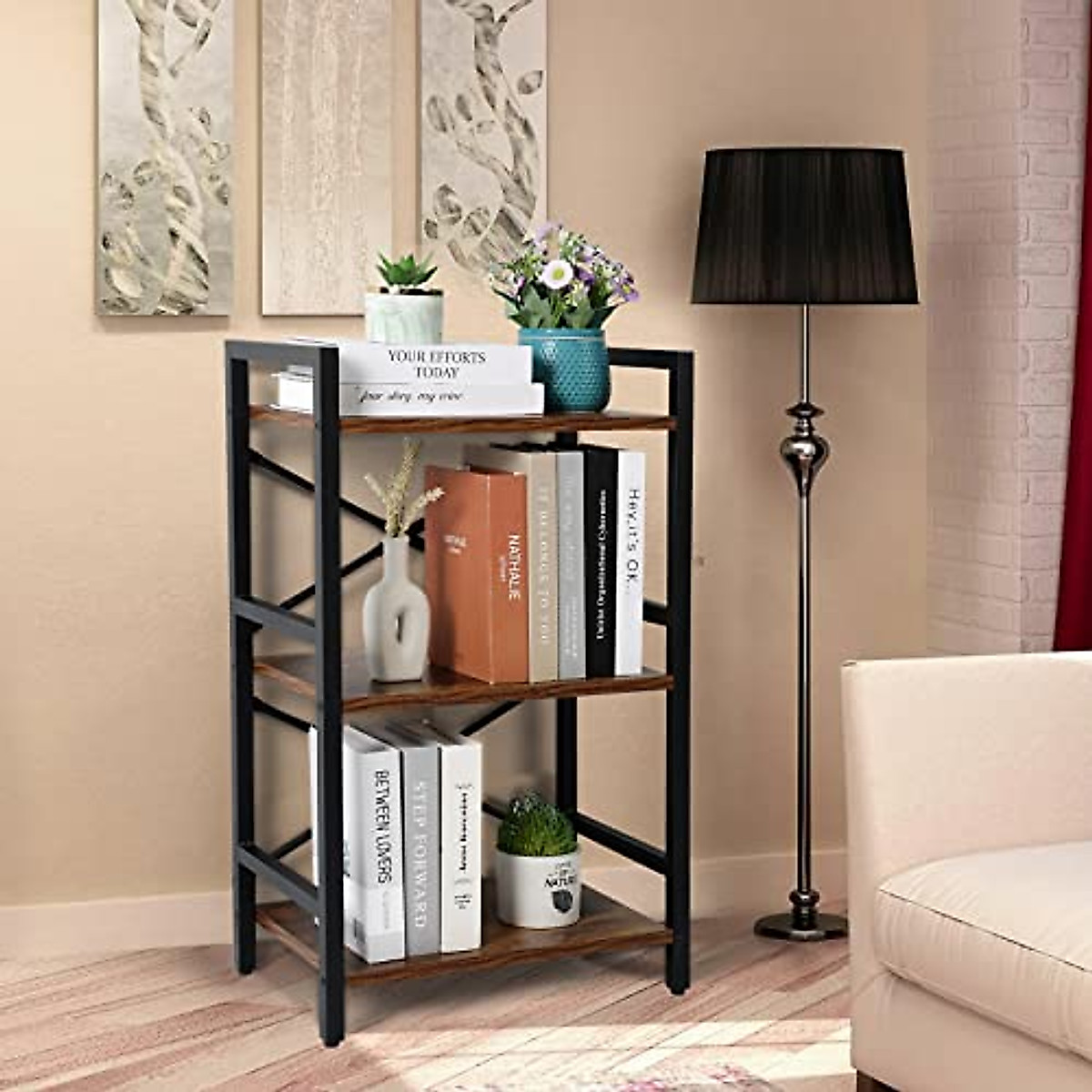 otovioia 3 Tier Bookshelf, Rustic Small Bookshelf for Small Spaces, Wood Bookcase Shelves Storage Organizer for Bedroom, Living Room, and Home Office