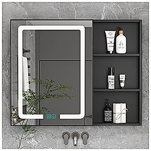Medicine Cabinets Wall LED Lighted Bathroom Mirror Cabinet Over The Toilet Space Saver Storage Cabinet with Lights Defogger (Color : Black, Size : 80x65x11cm)