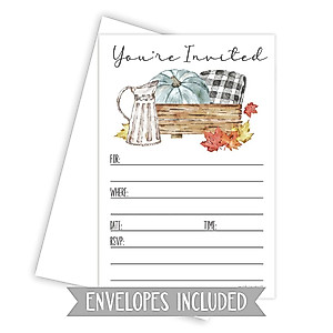 Rustic Fall Harvest Invitations - (20 Count) Autumn Country Watercolor 4x6 Invitations With Envelopes for Bridal, Baby Shower, Wedding, School, Neighborhood & Church Events