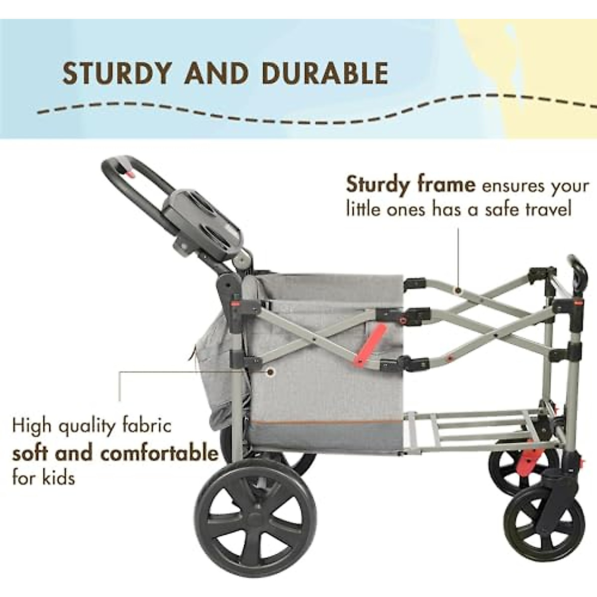 Busy Bee Foldable Wagon Stroller for 2 Kids, Push Pull Collapsible Kids Wagon with Adjustable Handle Bar, Removable Canopy, 5-Point Harness, Shock-Absorbing Wheels, Grey