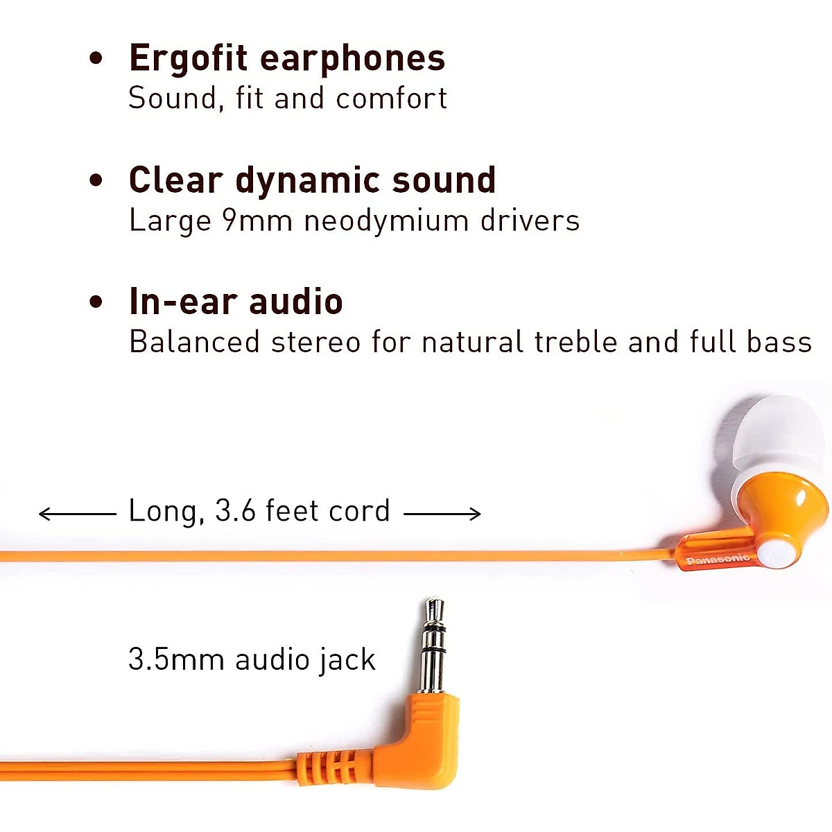 Panasonic ErgoFit In-Ear Earbud Headphones RP-HJE120-D (Orange) Dynamic Crystal Clear Sound, Ergonomic Comfort-Fit