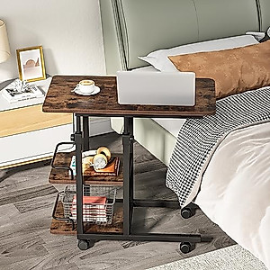 Tribesigns Height Adjustable C Table with Storage, Mobile Couch Snack Side Table with Tiltable Drawing Board, Sofa Bedside Table Laptop Rolling Cart for Bedroom, Living Room (Rustic Brown)
