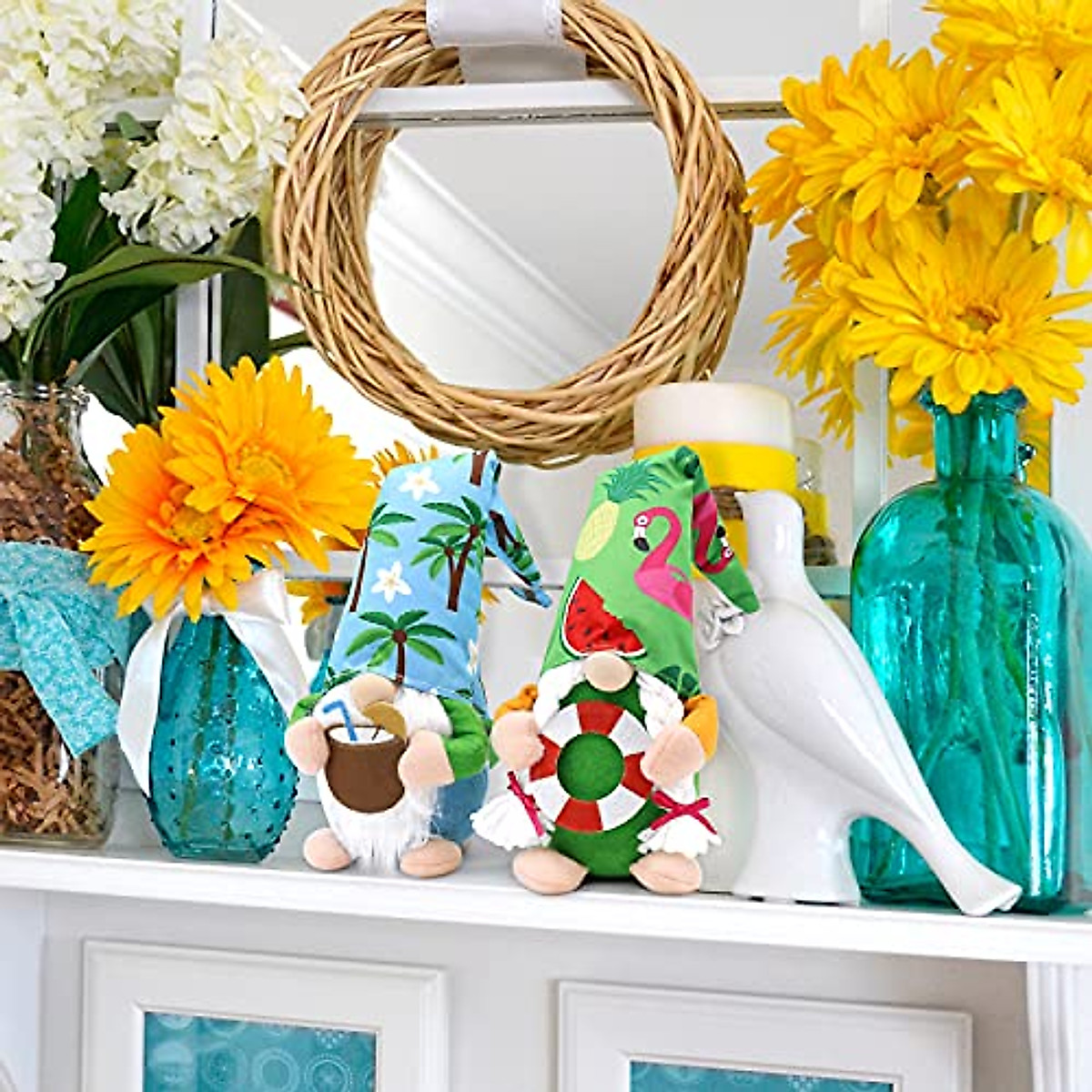 Upltowtme Beach Summer Gnomes Plush Seaside Gnome Decoration Handmade Beach Couple Decor for Farmhouse Tiered Tray Decor Shelf Sitters Tomte Swedish Nisse Scandinavian Elf Dwarf Home Kitchen Ornaments