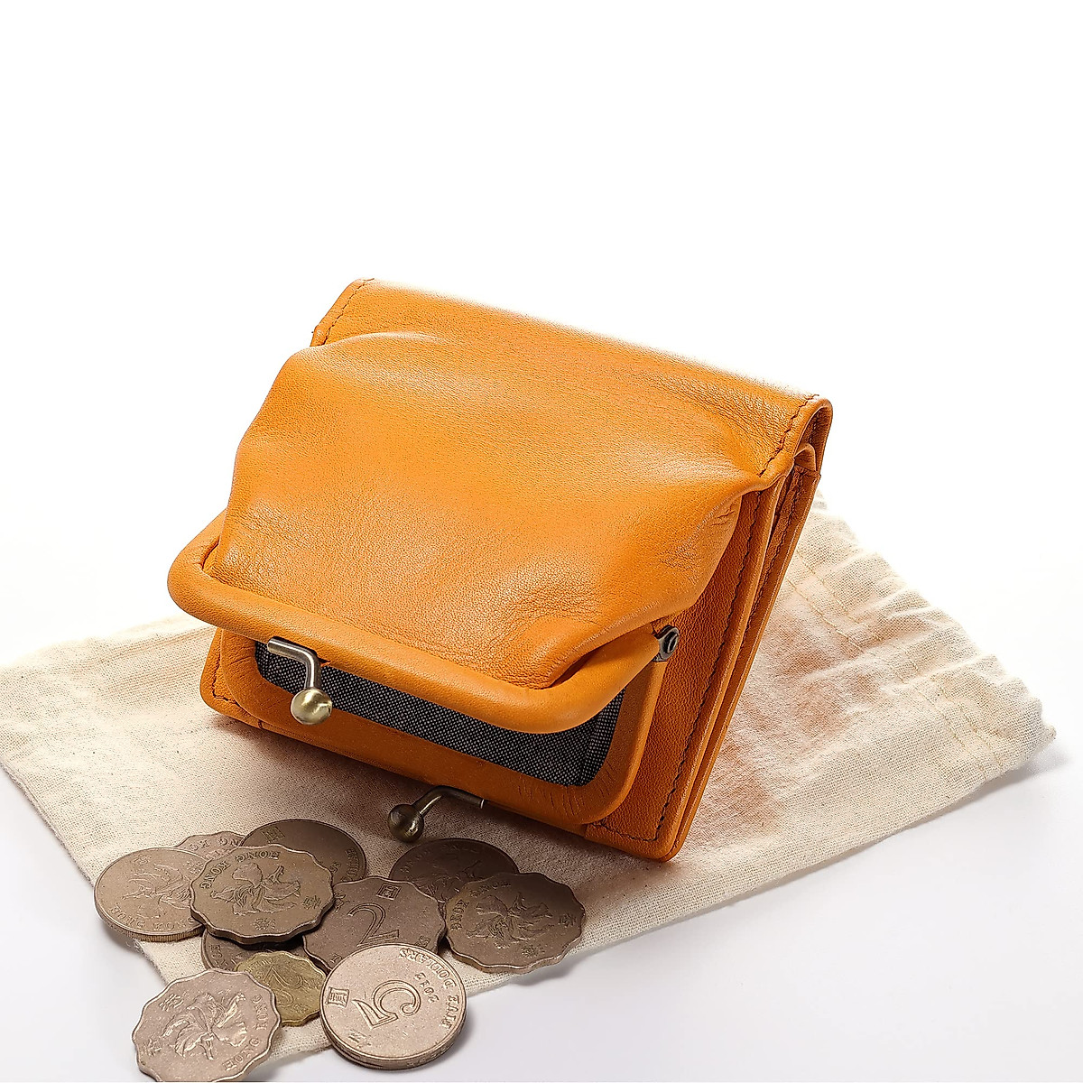 IJUN Full Grain Leather Bifold Small Wallet with Kiss Lock Coin pocket Genuine Leather Vintage Italian Oiled Vegetable Tanned Leather