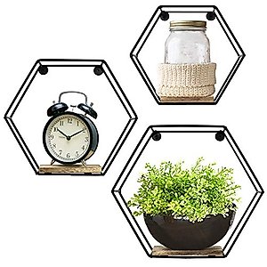 Greenco Geometric Hexagon Shaped Floating Shelves, Honeycomb Shelves, Home Decor, Metal Wire and Rustic Wood Wall Storage Shelves for Bedroom, Living Room, Bathroom, Kitchen and Office – Set of 3