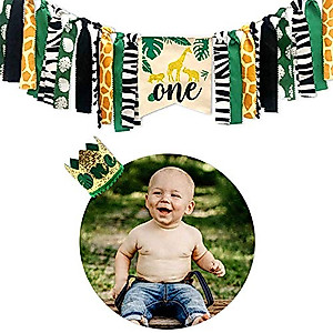 Baby 1st Birthday Party Decorations Supplies For Boy Girl Kids First Birthday Shower Jungle Safari Theme With Wild One Highchair Banner Crown Cake Topper Set of 3