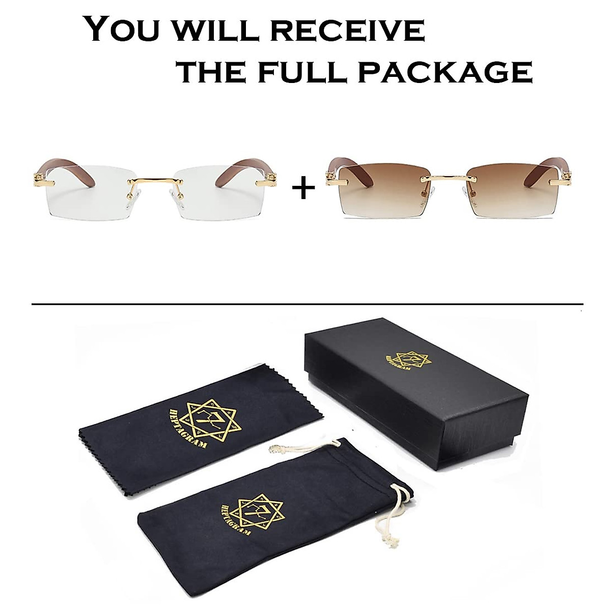 Heptagram Rectangle Fashion Rimless Sunglasses for Women Men Gangster 90s Frameless Shades Retro Vintage Trendy Eyewear (2 PCS-Brown+Transparent)